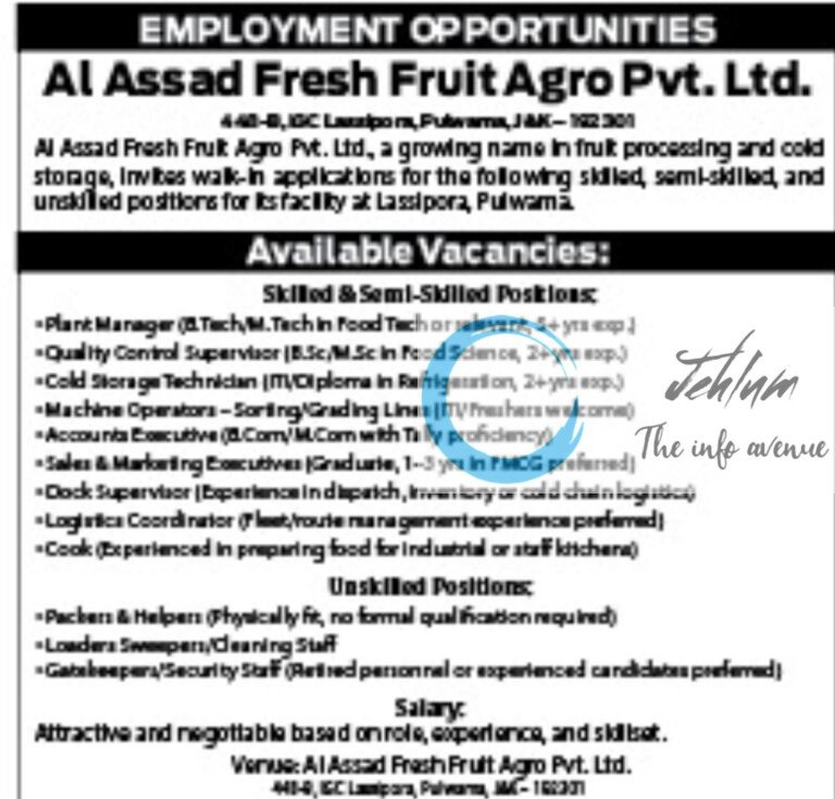 AL ASSAD FRESH FRUIT AGRO PVT LTD PULWAMA JOBS OPENING 2025