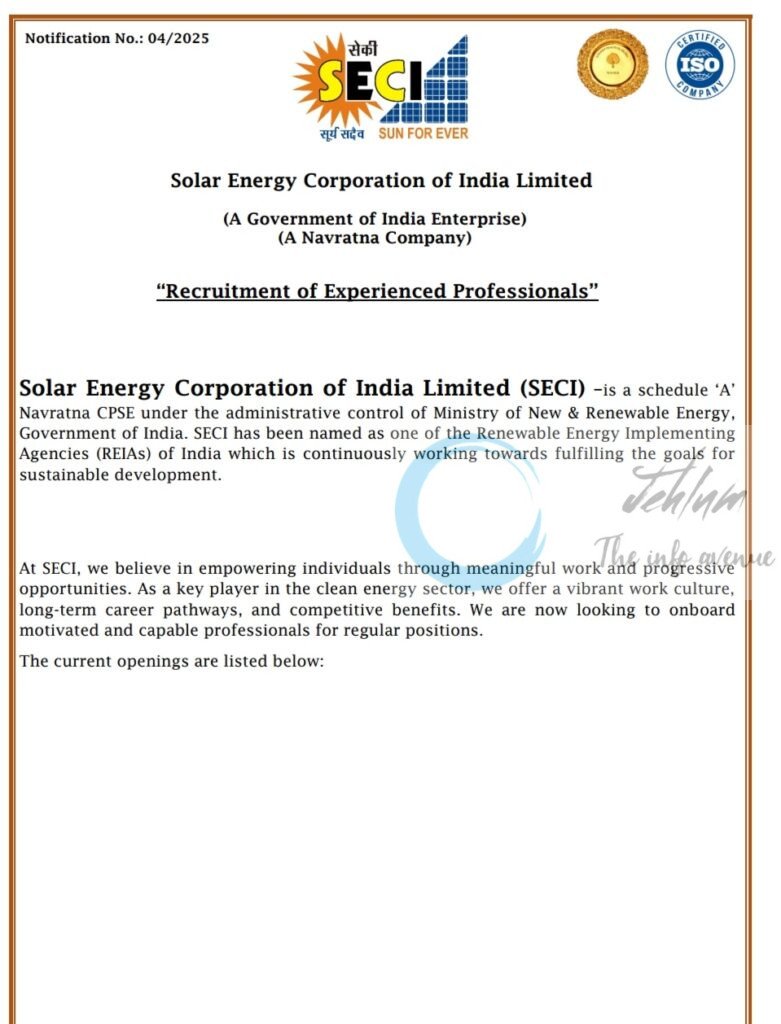 SOLAR ENERGY CORPORATION OF INDIA LIMITED SECI JOB OPPORTUNITIES NOTICE ...