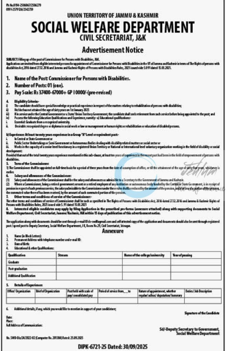 Social Welfare Department J And K Civil Secretariat Commissioner For ...