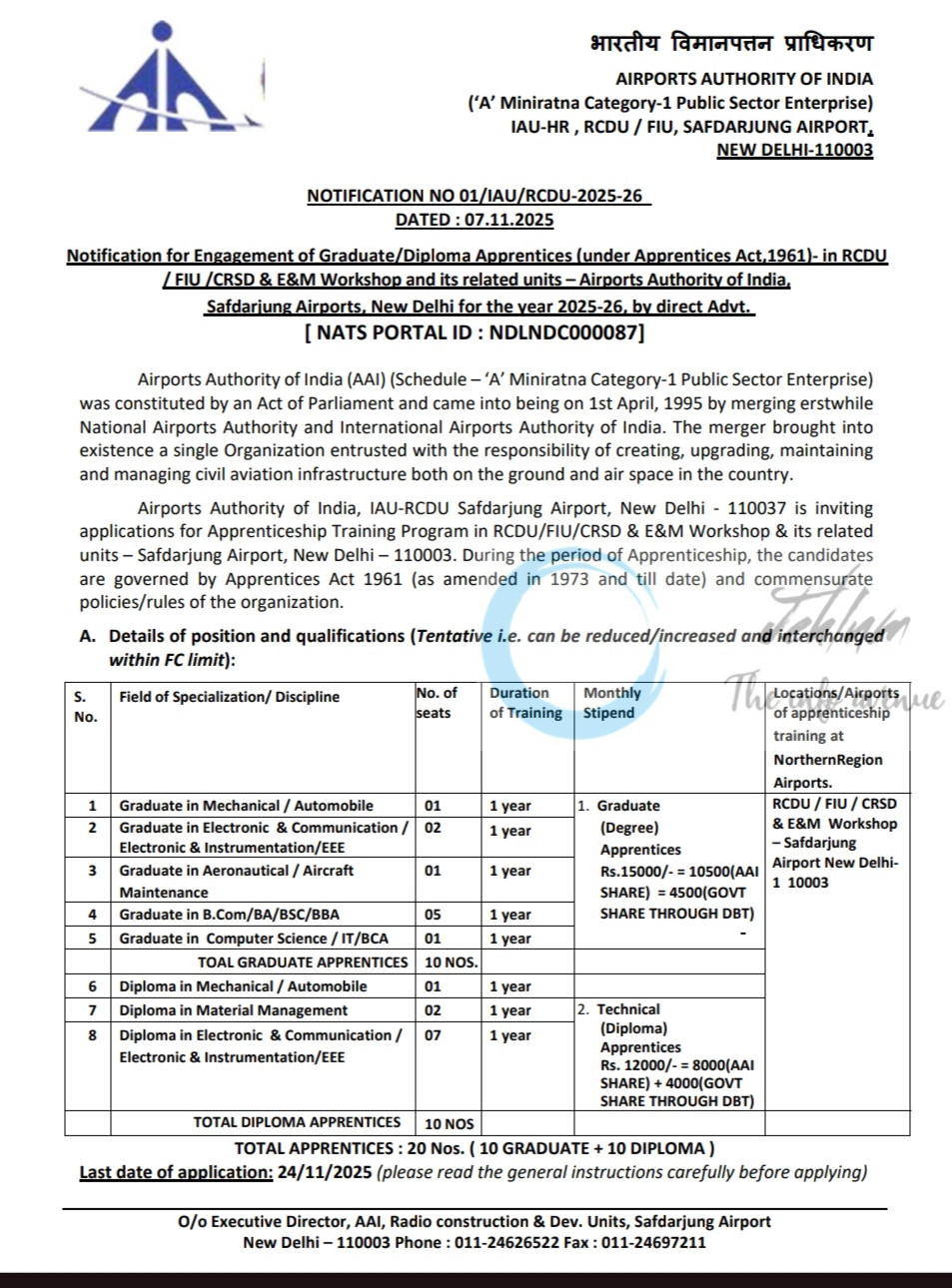 Airports Authority Of India AAI RCDU Safdarjung Airport New Delhi ...