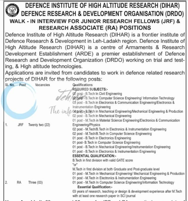 Defense Institute Of High Altitude Research DIHAR Chandigarh JRF RA ...